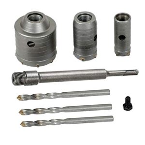 concrete hole saw kits, tungsten steel sds plus shank wall hole cutter cement stone drill bit sets 1-2/11, 1-3/5, 2-4/5 inch(30, 40, 60mm), with 8-7/10 inch(220mm) connecting rod, 3 center drill bits