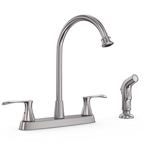 GOWIN Brushed Nickel Kitchen Faucet with Side Sprayer, Two Handle High Arc 4 Holes 8 Inch Centerset Stainless Steel Kitchen Sink Faucet with Pull Out Sprayer,Grifos De Cocina