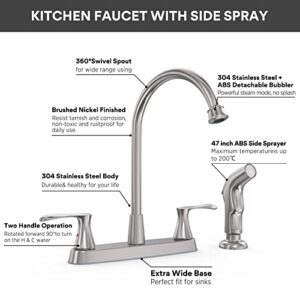 GOWIN Brushed Nickel Kitchen Faucet with Side Sprayer, Two Handle High Arc 4 Holes 8 Inch Centerset Stainless Steel Kitchen Sink Faucet with Pull Out Sprayer,Grifos De Cocina