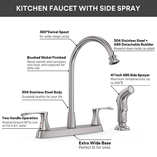 GOWIN Brushed Nickel Kitchen Faucet with Side Sprayer, Two Handle High Arc 4 Holes 8 Inch Centerset Stainless Steel Kitchen Sink Faucet with Pull Out Sprayer,Grifos De Cocina