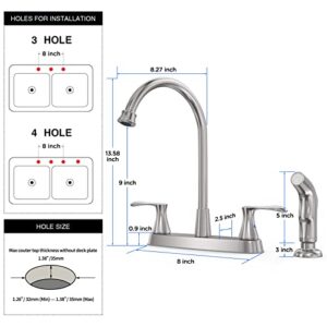 GOWIN Brushed Nickel Kitchen Faucet with Side Sprayer, Two Handle High Arc 4 Holes 8 Inch Centerset Stainless Steel Kitchen Sink Faucet with Pull Out Sprayer,Grifos De Cocina