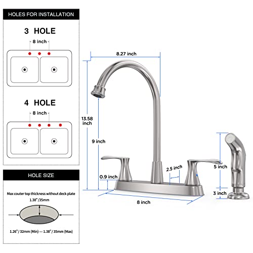 GOWIN Brushed Nickel Kitchen Faucet with Side Sprayer, Two Handle High Arc 4 Holes 8 Inch Centerset Stainless Steel Kitchen Sink Faucet with Pull Out Sprayer,Grifos De Cocina