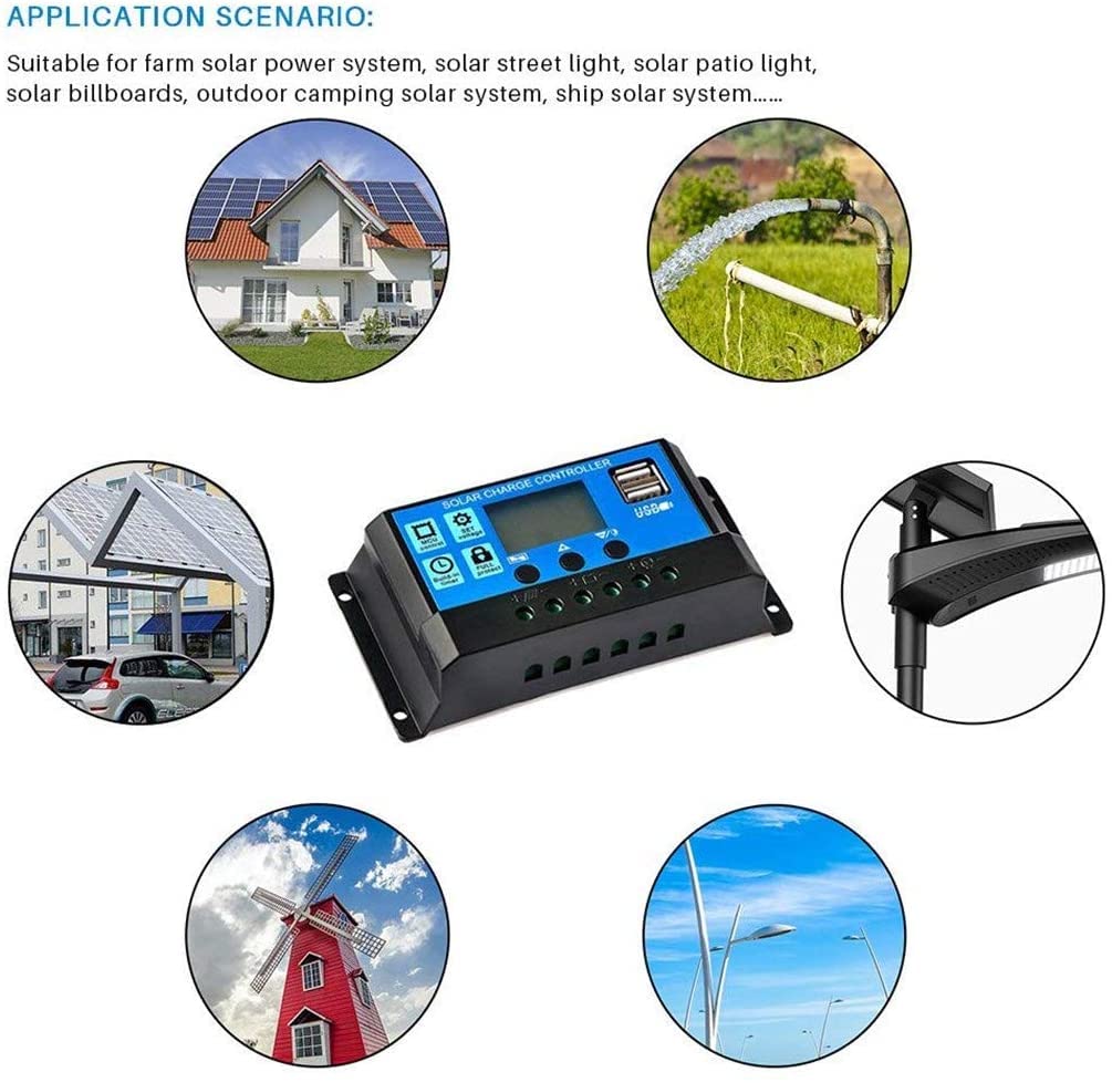 EpRec 30A 12V/24V Solar Charge Controller, Solar Panel Charge Controller with USB Port LCD Display,Compatible with Sealed, Gel, and Flooded Batteries