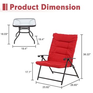 Incbruce 3 Pcs Folding Chair Set Outdoor Furniture Adjustable Reclining Bistro Set with Red Cushions, Steel Frame and Coffee Table for Patio Front Porch Garden Deck