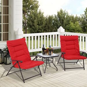 Incbruce 3 Pcs Folding Chair Set Outdoor Furniture Adjustable Reclining Bistro Set with Red Cushions, Steel Frame and Coffee Table for Patio Front Porch Garden Deck