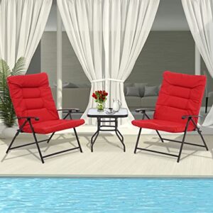 Incbruce 3 Pcs Folding Chair Set Outdoor Furniture Adjustable Reclining Bistro Set with Red Cushions, Steel Frame and Coffee Table for Patio Front Porch Garden Deck