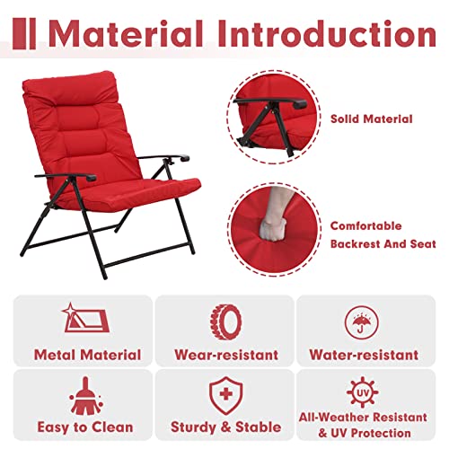 Incbruce 3 Pcs Folding Chair Set Outdoor Furniture Adjustable Reclining Bistro Set with Red Cushions, Steel Frame and Coffee Table for Patio Front Porch Garden Deck