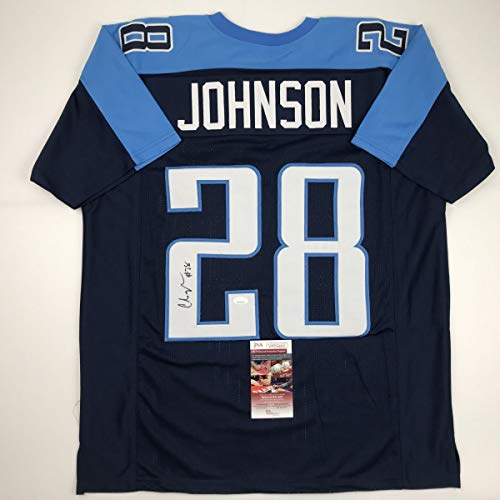 Autographed/Signed Chris Johnson Tennessee Dark Blue Football Jersey JSA COA