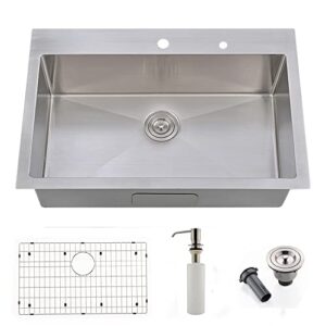 33-inch drop in kitchen sink stainless steel -vokim 33 inch topmount drop-in single bowl handmade stainless steel 16 gauge kitchen sink, with dish grid and basket strainer,soap dispenser