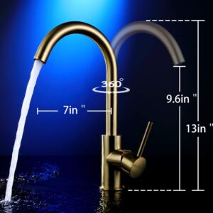 High Arch Kitchen Faucet Brushed Gold,360 Degree Swivel Spout Kitchen Sink Faucet Hot and Cold Water Mixer, Modern Lead-Free Commercial Bar Sink Faucet fit for 1 Hole Single Handle Faucet Anti-Rust