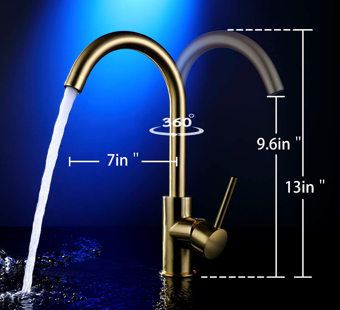 High Arch Kitchen Faucet Brushed Gold,360 Degree Swivel Spout Kitchen Sink Faucet Hot and Cold Water Mixer, Modern Lead-Free Commercial Bar Sink Faucet fit for 1 Hole Single Handle Faucet Anti-Rust