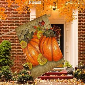 Pickako Thanksgiving Day Pumpkins Rustic Autumn Fall Harvest Flowers Leaves House Flag 28 x 40 Inch, Double Sided Large Garden Yard Welcome Flags Banners for Home Lawn Patio Outdoor Decor