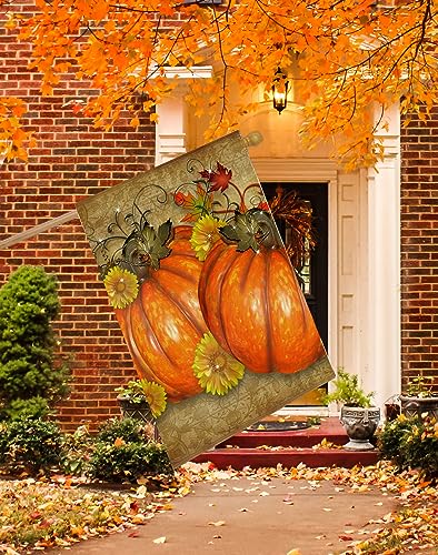 Pickako Thanksgiving Day Pumpkins Rustic Autumn Fall Harvest Flowers Leaves House Flag 28 x 40 Inch, Double Sided Large Garden Yard Welcome Flags Banners for Home Lawn Patio Outdoor Decor