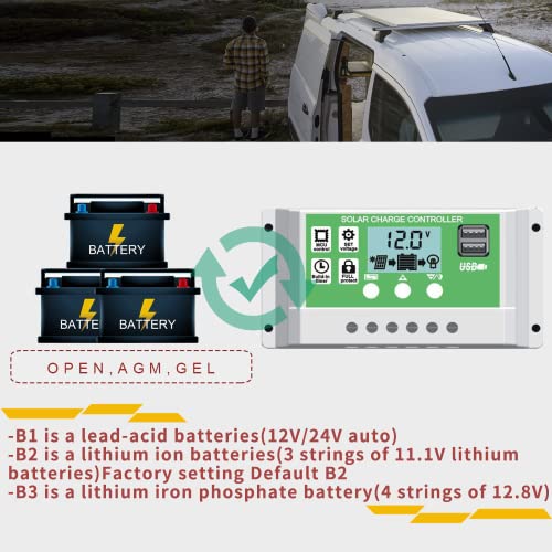 EpRec 30A 12V 24V PWM Solar Charge Controller Lithium Battery Charge Controller Compatible with Lead Acid/ Lithium-ion/ Lithium Iron Phosphate Battery