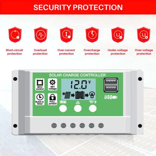 EpRec 30A 12V 24V PWM Solar Charge Controller Lithium Battery Charge Controller Compatible with Lead Acid/ Lithium-ion/ Lithium Iron Phosphate Battery