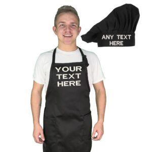 place4print personalized chef apron with hat set for chef embroidered design - aprons for women and men, kitchen chef apron with 2 pockets and long ties, adjustable bib apron for cooking, serving