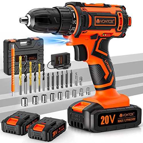 Drill Set, V VONTOX 20V Cordless Drill with 2 Batteries 2.0AH & Fast Charger, Home Power Drill 3/8" Keyless Chuck, 370 In-lb Torque, 2 Speed, 25+1 Position, 24pcs Drill for DIY