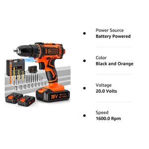 Drill Set, V VONTOX 20V Cordless Drill with 2 Batteries 2.0AH & Fast Charger, Home Power Drill 3/8" Keyless Chuck, 370 In-lb Torque, 2 Speed, 25+1 Position, 24pcs Drill for DIY