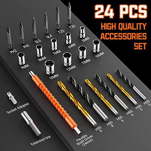 Drill Set, V VONTOX 20V Cordless Drill with 2 Batteries 2.0AH & Fast Charger, Home Power Drill 3/8" Keyless Chuck, 370 In-lb Torque, 2 Speed, 25+1 Position, 24pcs Drill for DIY