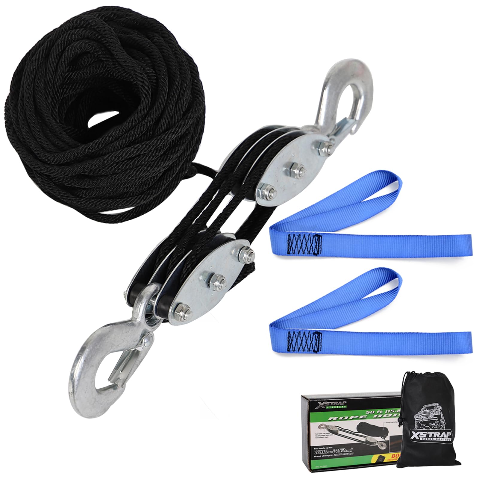 XSTRAP STANDARD Heavy-Duty 2,000 LB Breaking Strength 50 FT Rope Hoist, 1000 LB Work Load Block and Tackle Pulley System for Lifting Heavy Objects, Free with 2pcs Soft Loops (Black)