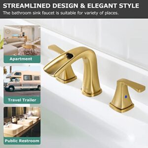 PARLOS Waterfall Widespread Bathroom Sink Faucet 2 Handles with Metal Pop Up Drain & cUPC Faucet Supply Lines, Brushed Gold, Doris