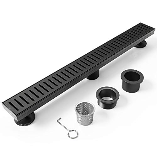 WEBANG 24 Inch Shower Linear Black Drain Rectangular Floor Drain with Accessories Capsule Pattern Cover Grate Removable SUS304 Stainless Steel CUPC Certified Matte Black