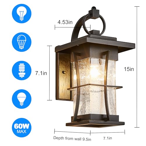 EERU Outdoor Wall Sconces Light Fixtures Exterior Wall Lantern Outside House Lamps Waterproof Black Metal with Clear Seeded Glass, Perfect for Exterior Porch Patio House