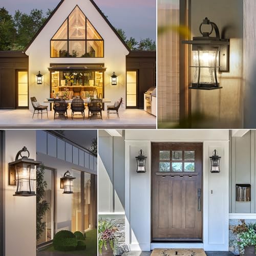 EERU Outdoor Wall Sconces Light Fixtures Exterior Wall Lantern Outside House Lamps Waterproof Black Metal with Clear Seeded Glass, Perfect for Exterior Porch Patio House