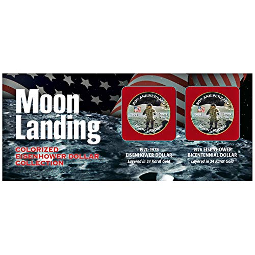 Moon Landing Eisenhower and Bicentennial Dollar Coin Set Layered in Gold| 50th Anniversary Special Edition |Certificate of Authenticity |Two Colorized 24 KT Gold Layered US Coins