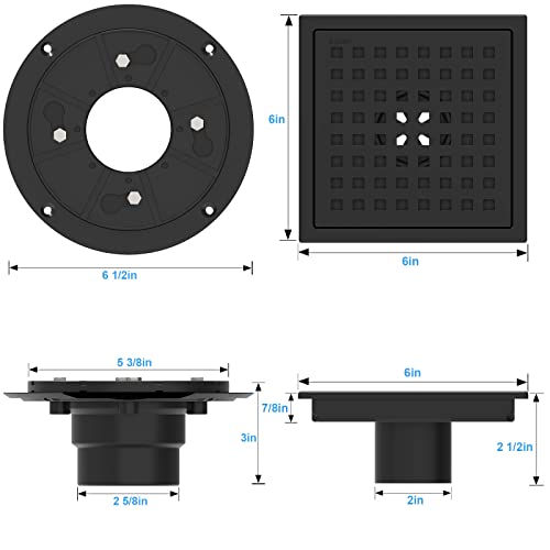 WEBANG 6 Inch Square Shower Floor Drain With Flange,Quadrato Pattern Grate Removable,Food-grade SUS 304 Stainless Steel,WATERMARK&CUPC Certified,Matte Black