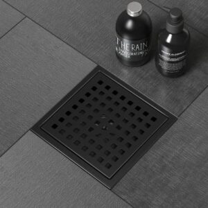 WEBANG 6 Inch Square Shower Floor Drain With Flange,Quadrato Pattern Grate Removable,Food-grade SUS 304 Stainless Steel,WATERMARK&CUPC Certified,Matte Black