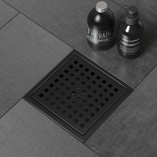 WEBANG 6 Inch Square Shower Floor Drain With Flange,Quadrato Pattern Grate Removable,Food-grade SUS 304 Stainless Steel,WATERMARK&CUPC Certified,Matte Black