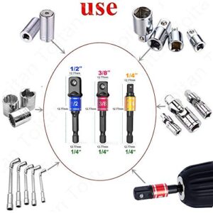 3Pcs 1/4 3/8 1/2" Hex Shank Drill Nut Driver Bit Set, Impact Grade Driver Sockets Adapter Extension Set Drill Bit, 105 Degree Right Angle Driver Extension Screwdriver Drill Attachment