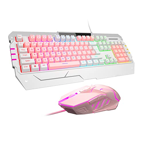 Pink Keyboard USB Gaming Keyboards and Mouse Combo, GT817 104 Key Rainbow Backlit Keyboard and Mouse Set, Computer Keyboard USB Wired Mouse for Windows PC Gamers (White & Pink)