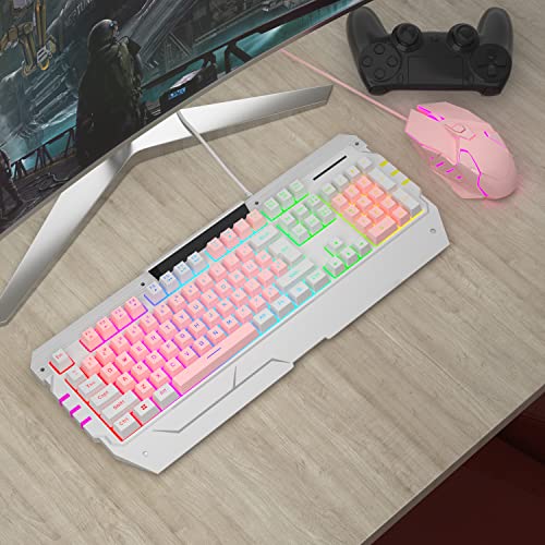 Pink Keyboard USB Gaming Keyboards and Mouse Combo, GT817 104 Key Rainbow Backlit Keyboard and Mouse Set, Computer Keyboard USB Wired Mouse for Windows PC Gamers (White & Pink)