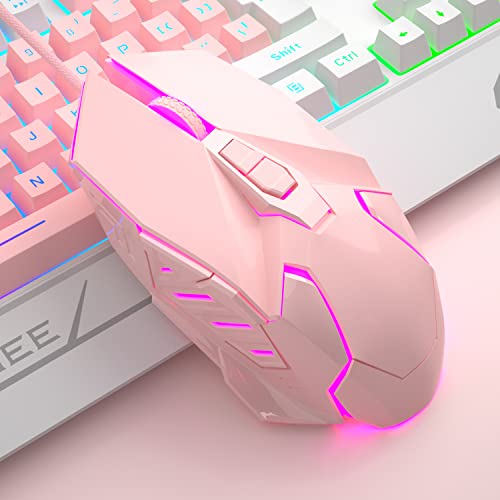 Pink Keyboard USB Gaming Keyboards and Mouse Combo, GT817 104 Key Rainbow Backlit Keyboard and Mouse Set, Computer Keyboard USB Wired Mouse for Windows PC Gamers (White & Pink)