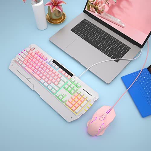 Pink Keyboard USB Gaming Keyboards and Mouse Combo, GT817 104 Key Rainbow Backlit Keyboard and Mouse Set, Computer Keyboard USB Wired Mouse for Windows PC Gamers (White & Pink)