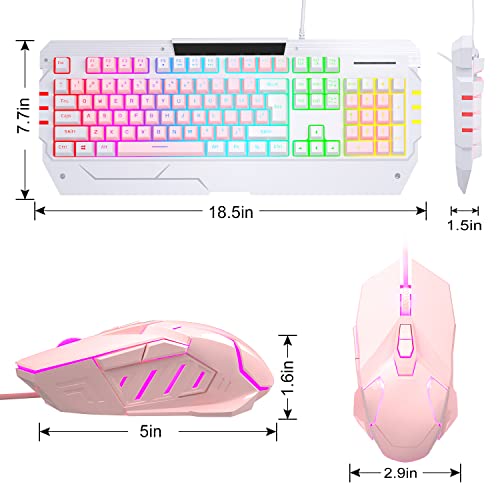 Pink Keyboard USB Gaming Keyboards and Mouse Combo, GT817 104 Key Rainbow Backlit Keyboard and Mouse Set, Computer Keyboard USB Wired Mouse for Windows PC Gamers (White & Pink)