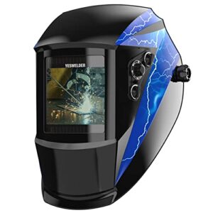 yeswelder large view welding helmet eh-091xl, solar powered auto darkening true color highest optical 1/1/1/1, 4 arc sensor wide shade 4/5-9/9-13 welder mask hood with grinding for tig mig mma plasma