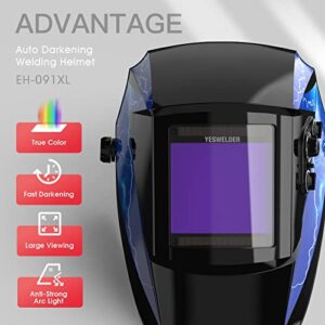 YESWELDER Large View Welding Helmet EH-091XL, Solar Powered Auto Darkening True Color Highest Optical 1/1/1/1, 4 Arc Sensor Wide Shade 4/5-9/9-13 Welder Mask Hood with Grinding for TIG MIG MMA Plasma