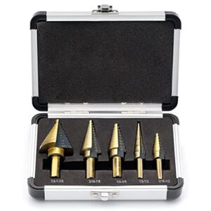 segomo tools 5 piece sae multiple hole 50 sizes hss step drill bit set with aluminum case | stepped drill bit | cone drill bit | step bit set | multiple hole drill bit | drill step bit - sds5sae