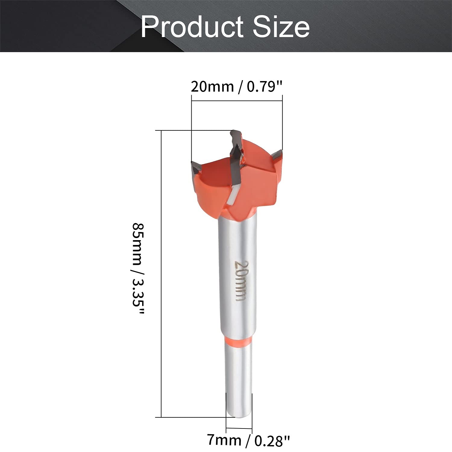 Utoolmart Forstner Drill Bits, 20mm Cemented Carbide Wood Cutter Tool, Round Shank Woodworking Hole Saw Cutter, 85mm Length Woodworking Hole Boring Bit, Orange, 1 Pcs