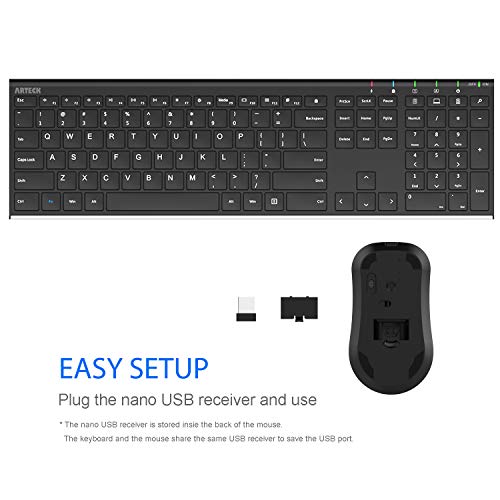 Arteck 2.4G Wireless Keyboard and Mouse Combo Stainless Steel Ultra Slim Full Size Keyboard and Ergonomic Mice for Computer Desktop PC Laptop and Windows 11/10/8 Build in Rechargeable Battery