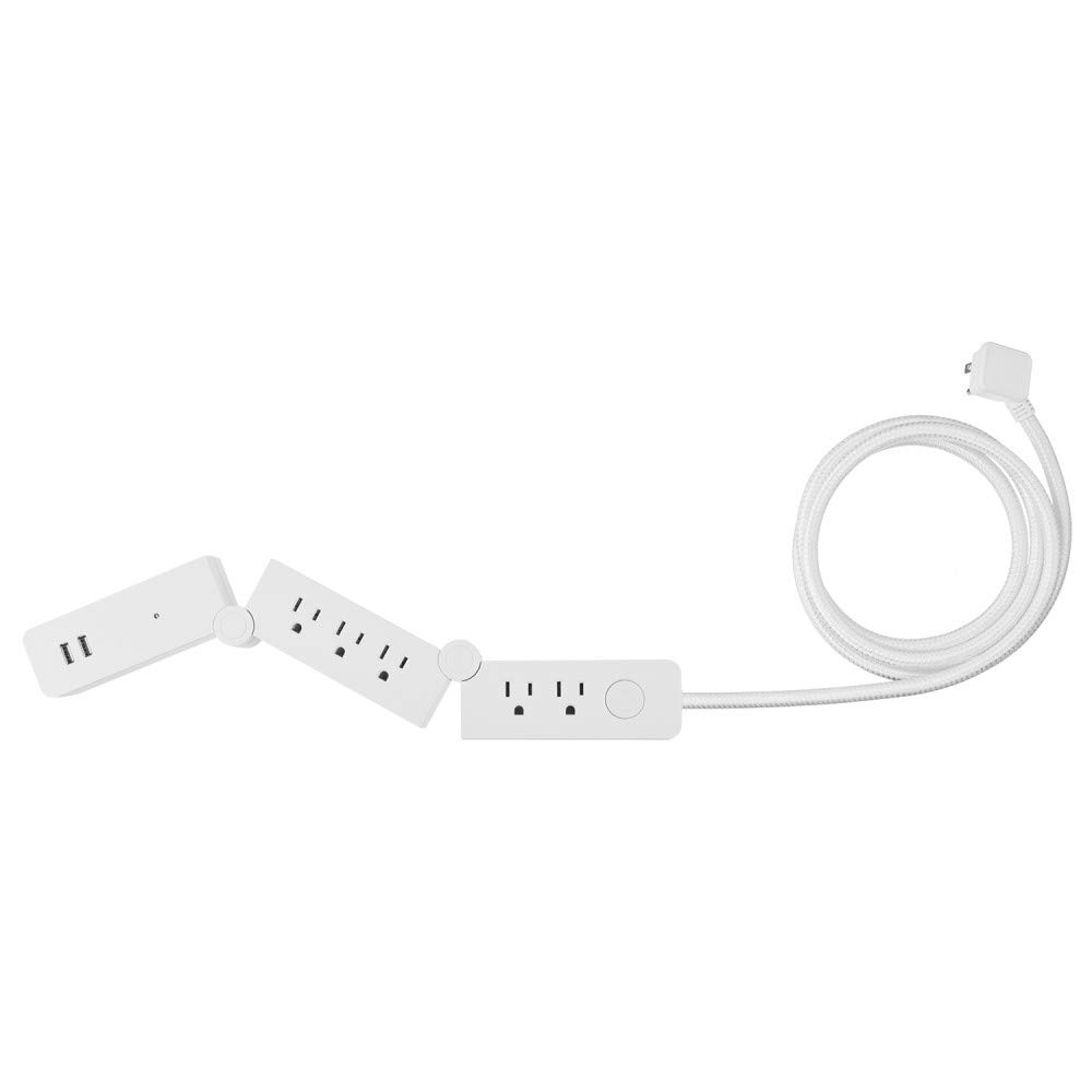 Designer Series 5-Outlet USB Surge Protector Flexible Power Strip, 2x USB Ports (5V/3.1A), Surge Protector, Right Angle Plug, Central On/Off Button, 6ft Cord, White Finish,78449