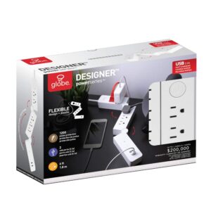 Designer Series 5-Outlet USB Surge Protector Flexible Power Strip, 2x USB Ports (5V/3.1A), Surge Protector, Right Angle Plug, Central On/Off Button, 6ft Cord, White Finish,78449