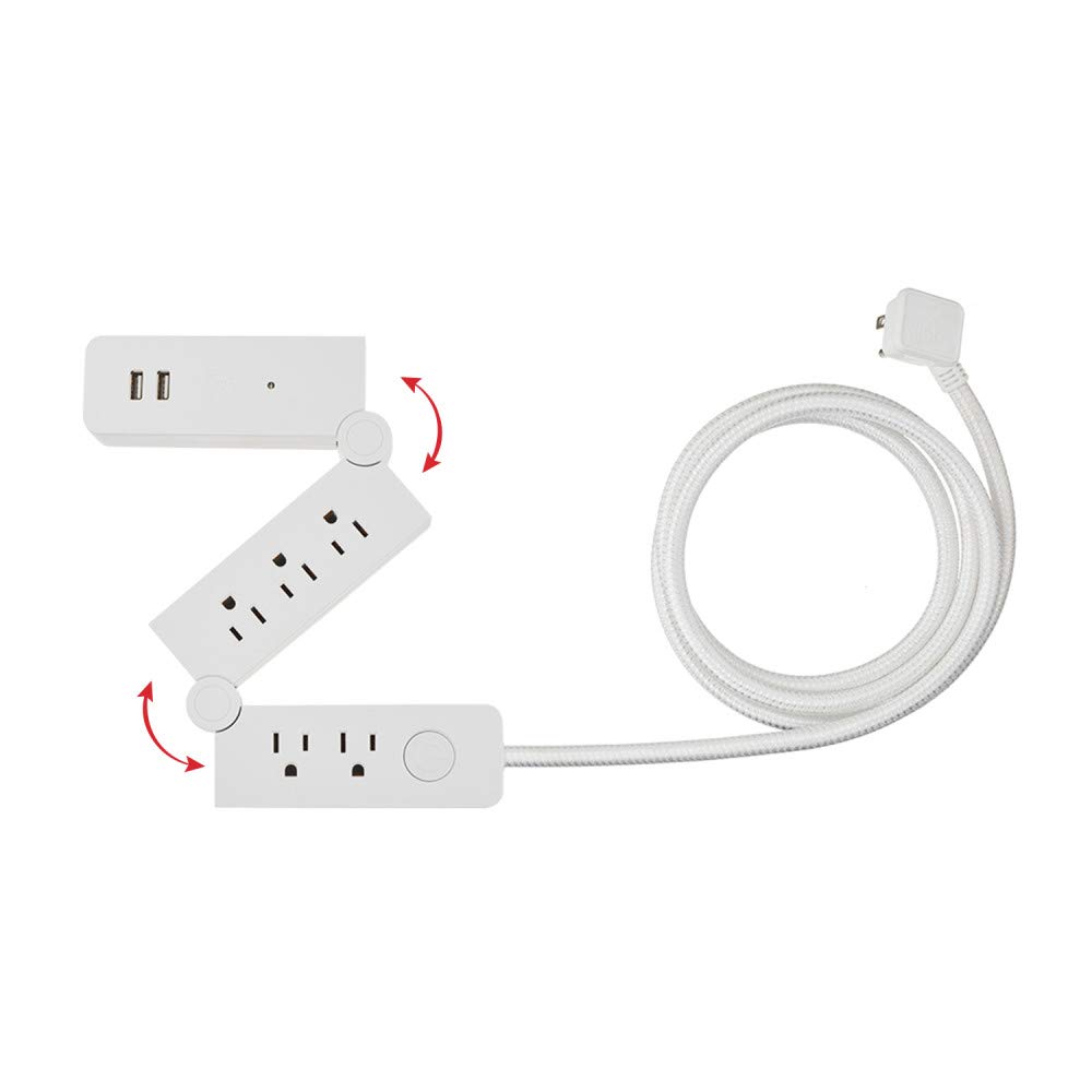 Designer Series 5-Outlet USB Surge Protector Flexible Power Strip, 2x USB Ports (5V/3.1A), Surge Protector, Right Angle Plug, Central On/Off Button, 6ft Cord, White Finish,78449