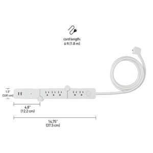 Designer Series 5-Outlet USB Surge Protector Flexible Power Strip, 2x USB Ports (5V/3.1A), Surge Protector, Right Angle Plug, Central On/Off Button, 6ft Cord, White Finish,78449