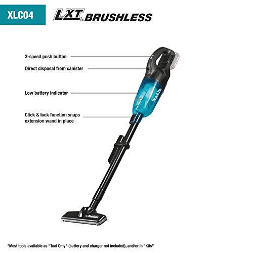 Makita XLC04R1BX4 18V LXT Lithium-Ion Compact Brushless Cordless 3-Speed Vacuum Kit, W/Push Button (2.0Ah)