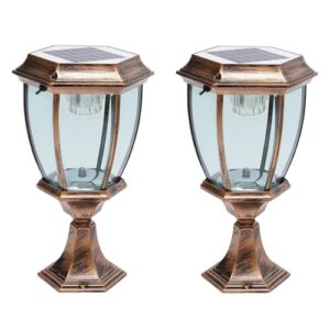 lyniceshop 2 pack large aluminum solar lamps,solar pillar lights outdoor bronze waterproof led landscape light copper fence post solar lantern for brick fence deck or patio (bronze)