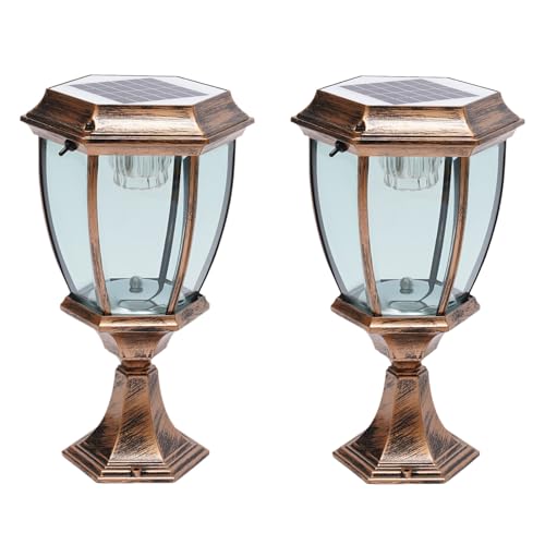 LYNICESHOP 2 Pack Large Aluminum Solar Lamps,Solar Pillar Lights Outdoor Bronze Waterproof LED Landscape Light Copper Fence Post Solar Lantern for Brick Fence Deck or Patio (Bronze)